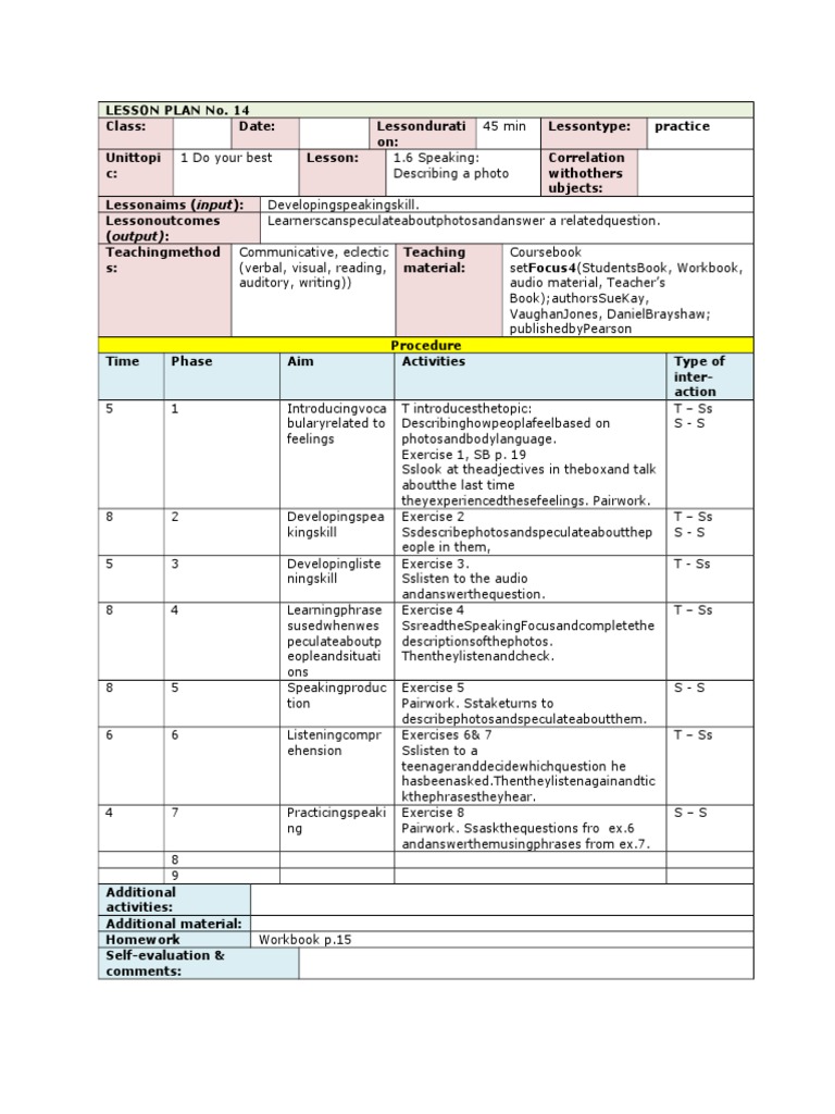 14 Focus 4 Lesson Plan Unit 1 | PDF | Lesson Plan | Pedagogy