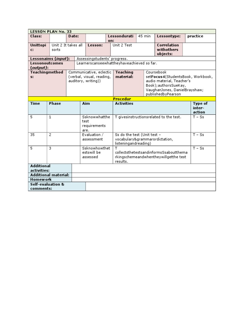 33 Focus 4 Lesson Plan Unit 2 TEST | PDF
