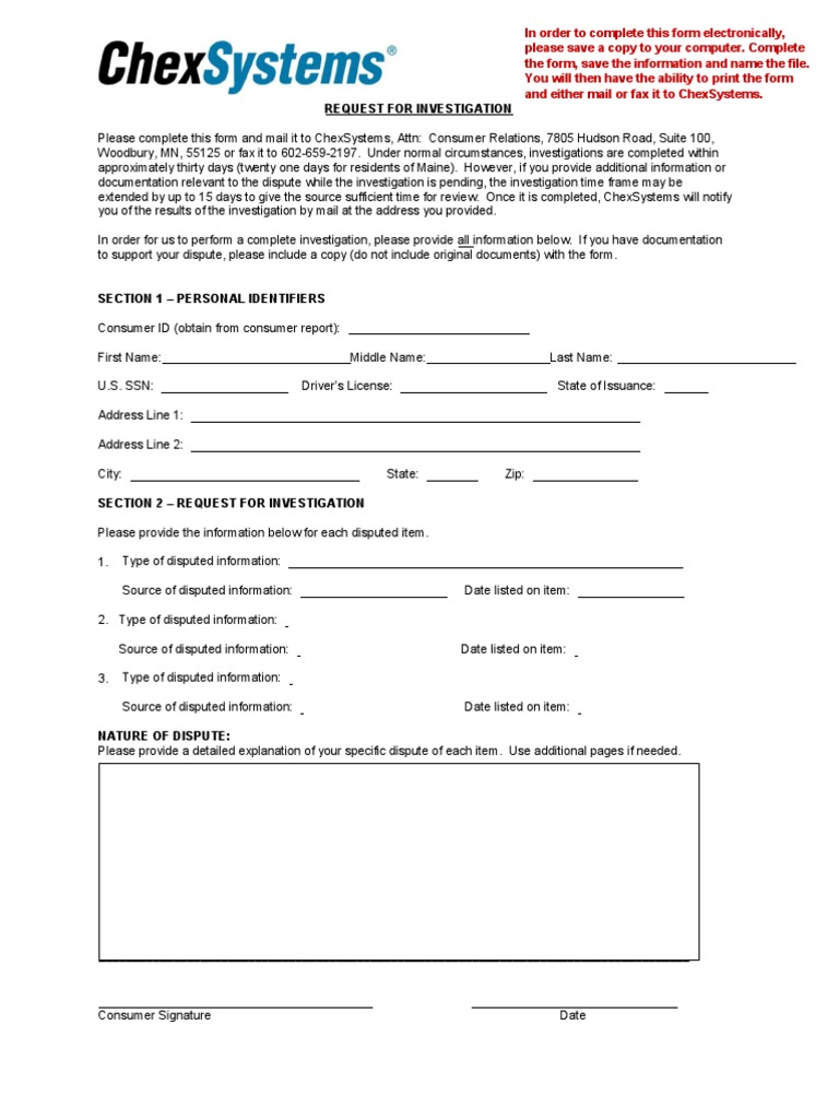 Personal - ChexSystems Request for Investigation Form | Mail ...