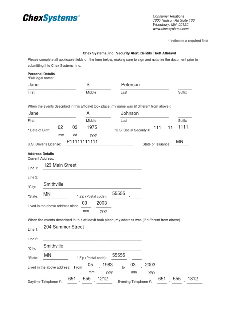 Personal - ChexSystems Identity Theft Affidavit | PDF | Identity ...