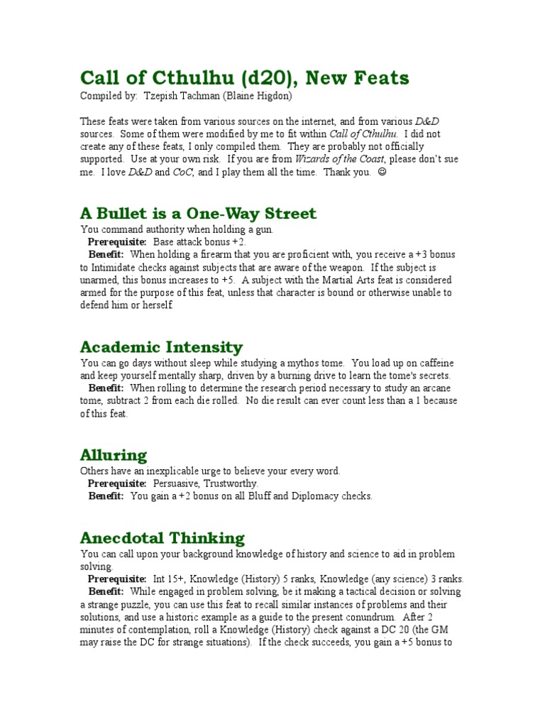 D20 - Call of Cthulhu - New Feats | PDF | Police