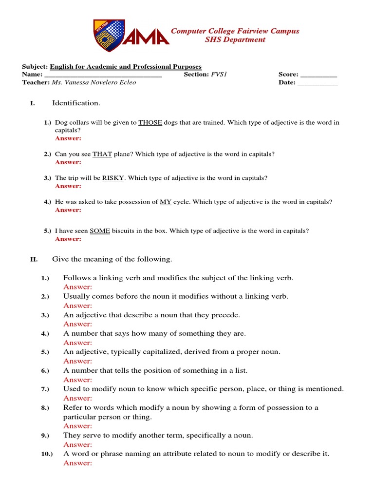 Adjective Quiz | PDF