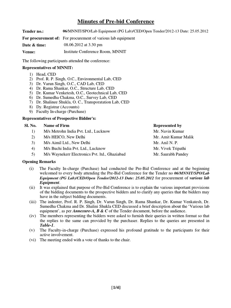 Minutes of Pre-Bid Conference: 06/MNNIT/SPO/Lab Equipment (PG Lab) /CED ...