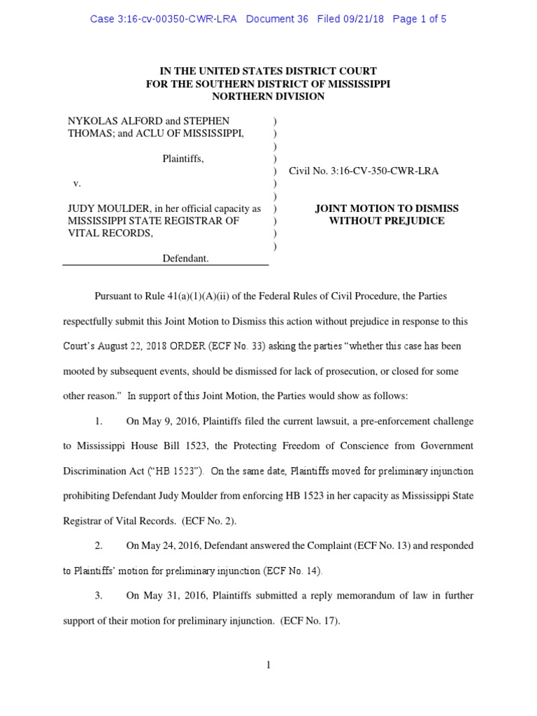 Joint Motion To Dismiss | PDF | Prejudice (Legal Term) | American Civil Liberties Union