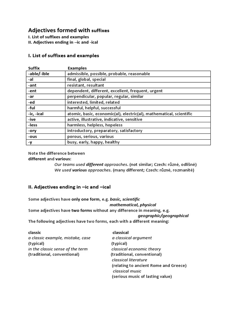 Adjectives with -ic and -ical Suffixes | PDF | Electricity | Nature