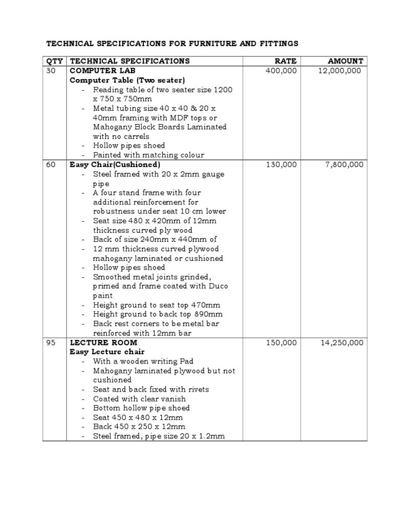 Technical Specification For Furniture & Fittings | PDF | Chair | Bed