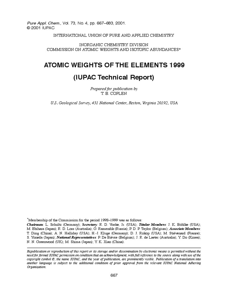 Atomic Weights of The Elements 1999 (IUPAC Technical Report) | PDF | Chemical Elements | Isotope