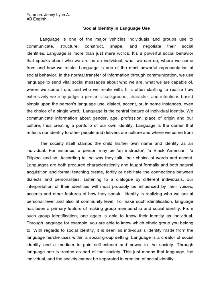 Social Identity in Language Use: Yaranon. Jenny Lynn A. AB English ...
