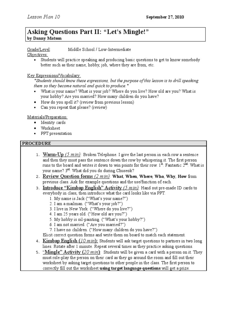 Engaging Questions Lesson Plan for ESL | PDF | Question | Behavior ...