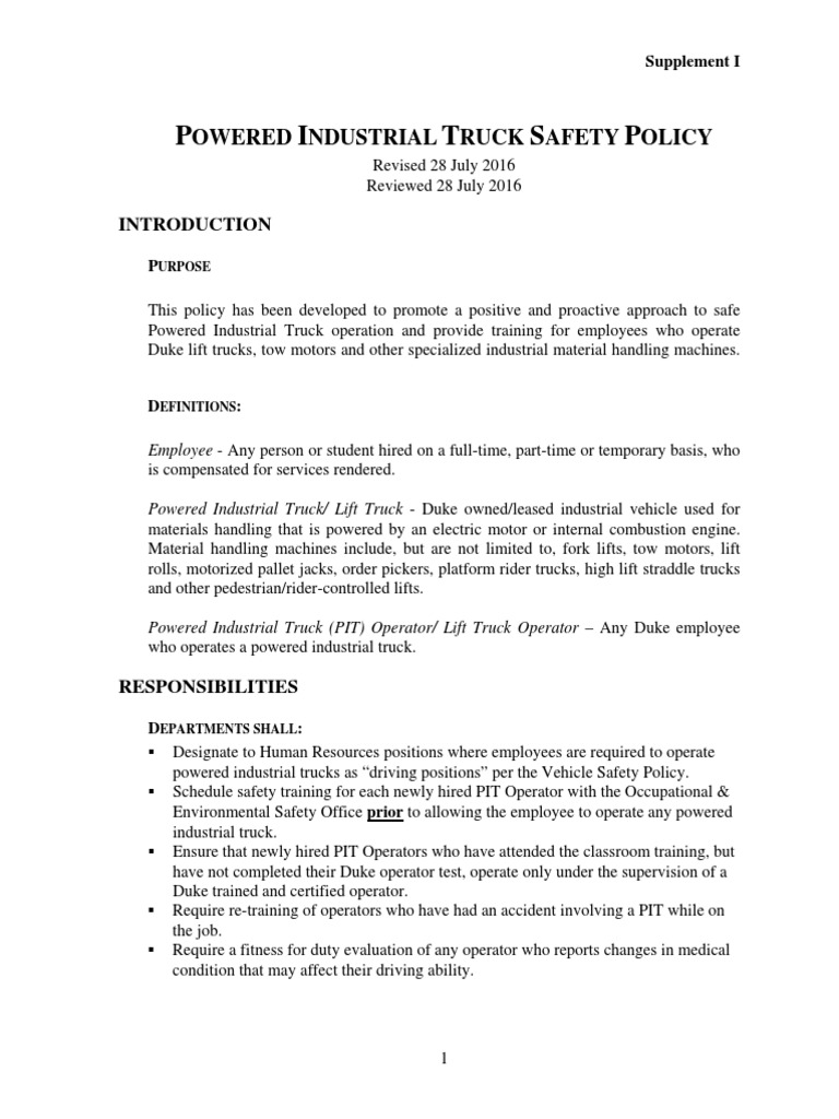 Duke Powered Industrial Truck Safety Policy | PDF | Elevator | Forklift