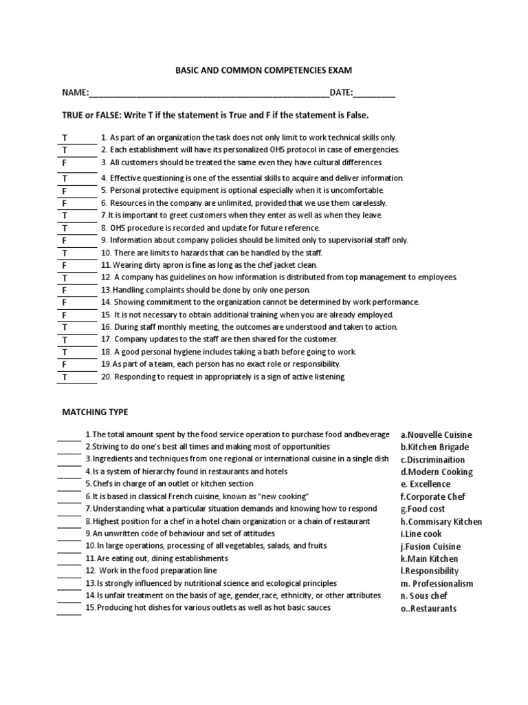 Basic and Common Competencies Exam | PDF | Chef | Foods