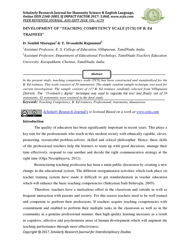 DEVELOPMENT OF "TEACHING COMPETENCY SCALE (TCS) OF B. Ed TRAINEES ...