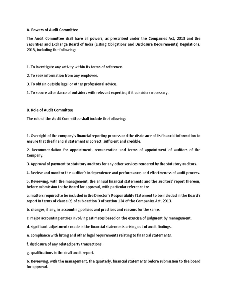 Terms of Reference of Audit Committee | PDF | Audit Committee ...