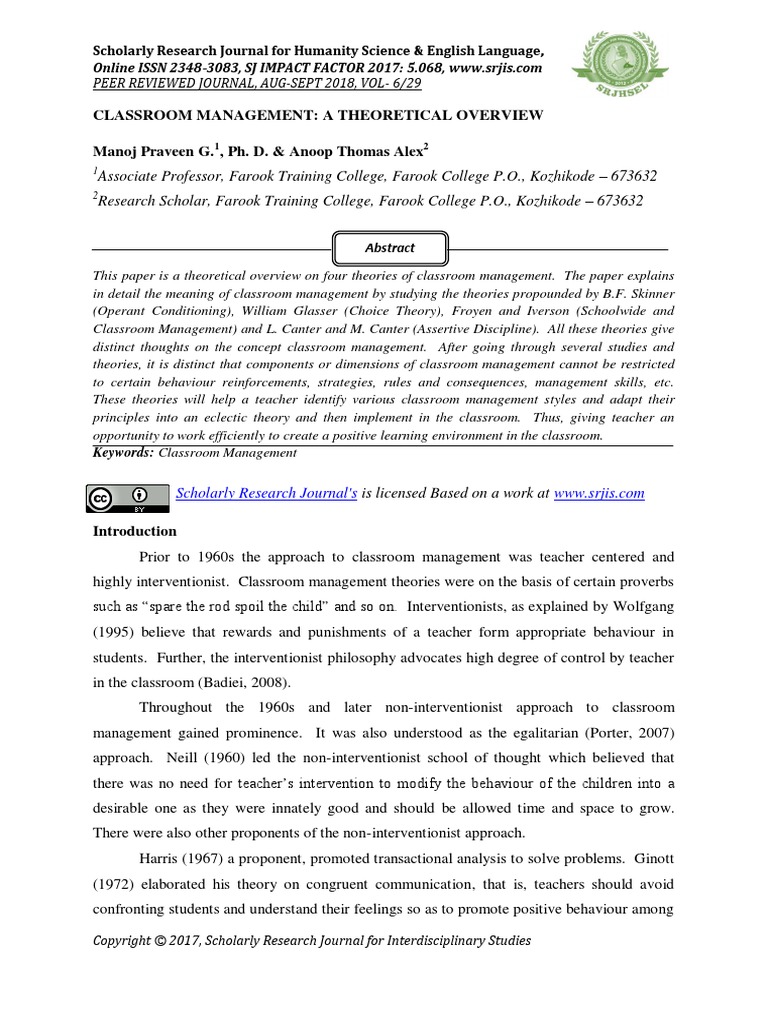 Classroom Management A Theoretical Overview Pdf Classroom