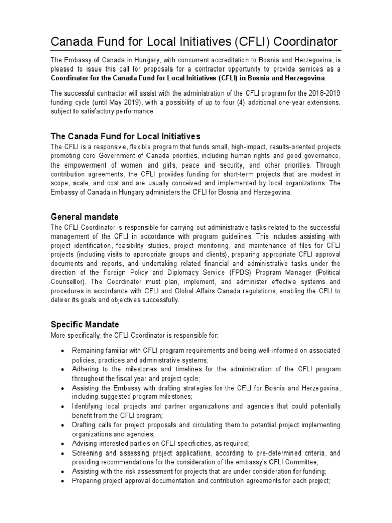 CFLI Coordinator Opportunity in Bosnia | PDF | Government | Business