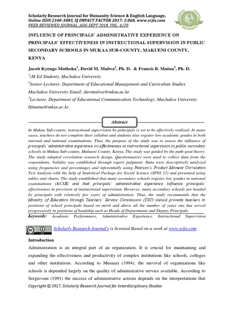 Influence of Principals' Administrative Experience On Principals ...