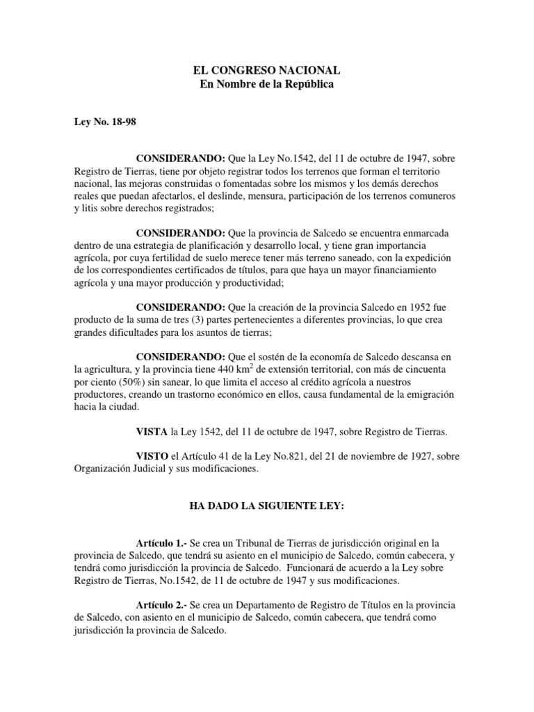 Ley No. 18-98 de La República Dominicana | PDF | República Dominicana ...