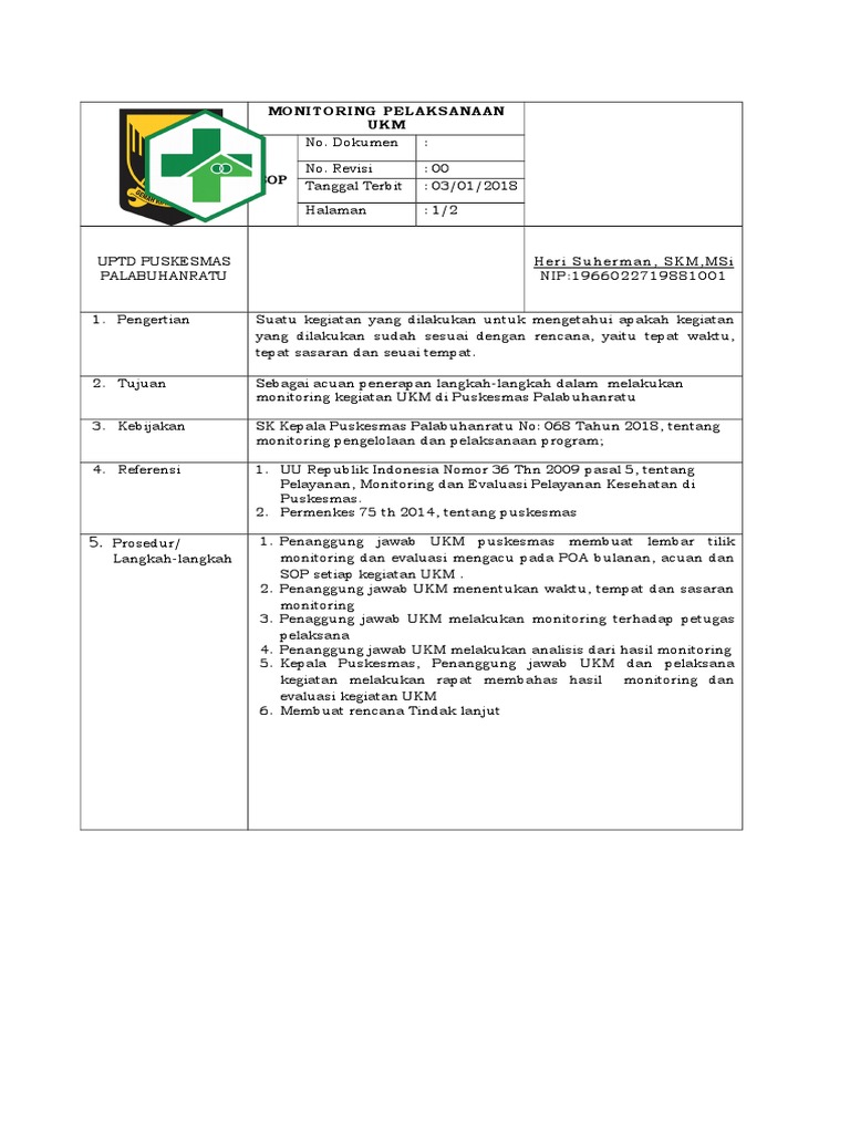 SOP Monitoring Pelaksanaan Kegiatan UKM | PDF