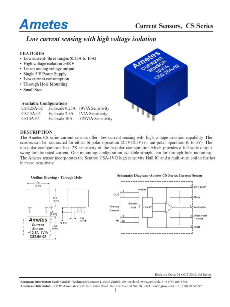 CS Series Current Sensor Oct2008 | PDF | Sensor | Electrostatic Discharge