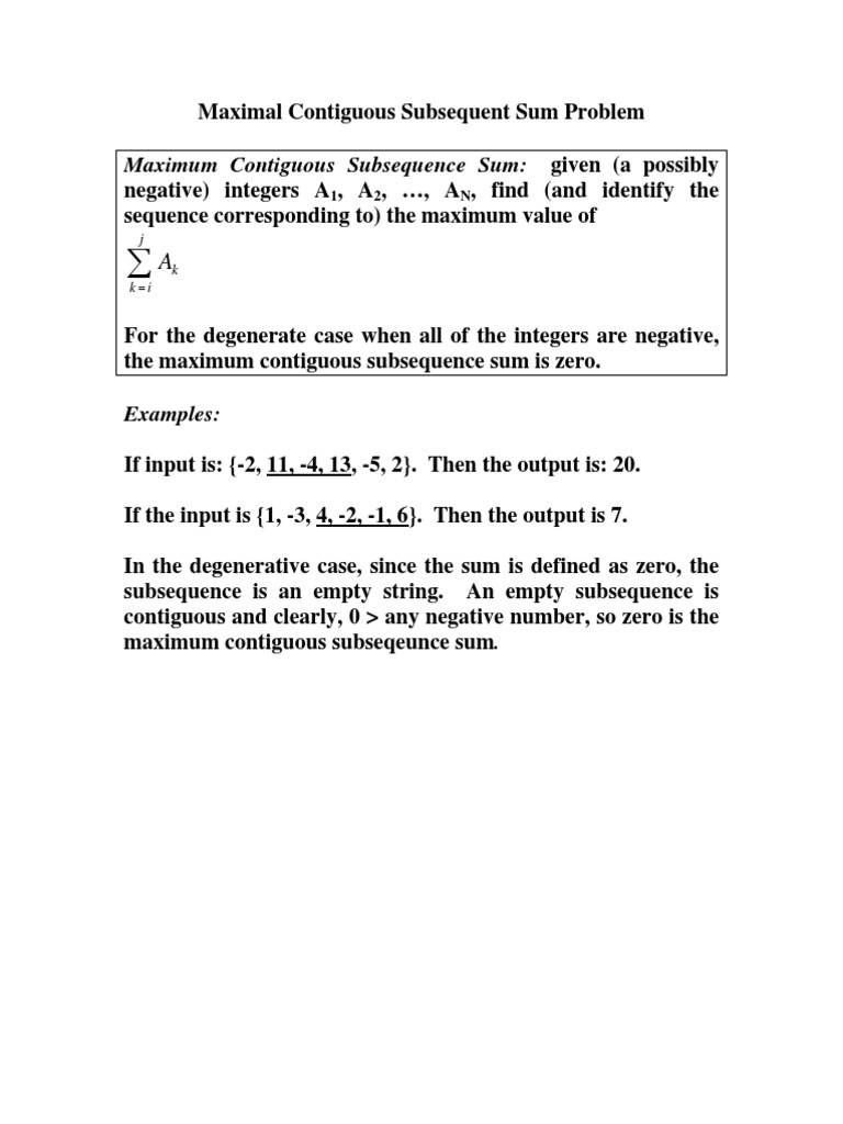 Maximum Contiguous Sub Sequence Sum Pdf Summation Time Complexity 