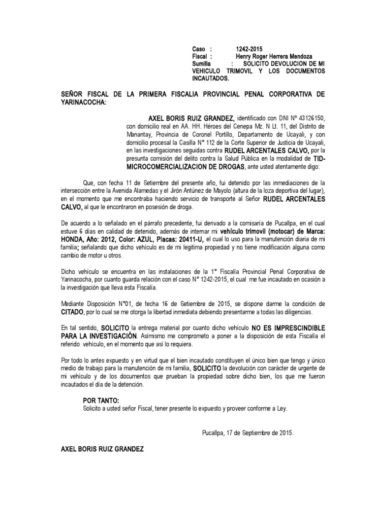 Modelo de Escrito Devolucion de Vehiculo Automovil | PDF | Gobierno ...