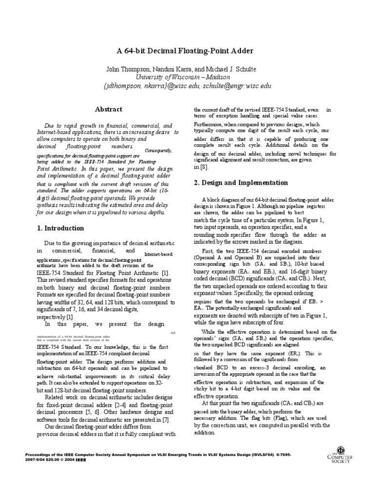 A 64 Bit Decimal Floating Point Adder Pdf Binary Coded Decimal Office Equipment