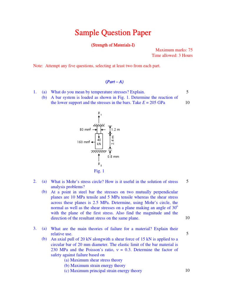 Sample Question Paper: (Strength of Materials-I) Maximum Marks: 75 Time ...