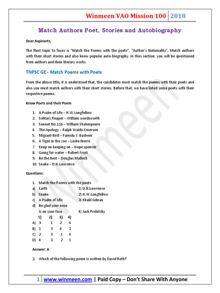 Match Authors Poet Stories and Autobiography PDF | PDF | Writers | Poetry