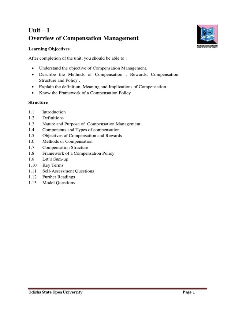 Unit - 1 Overview of Compensation Management: Learning Objectives | PDF ...