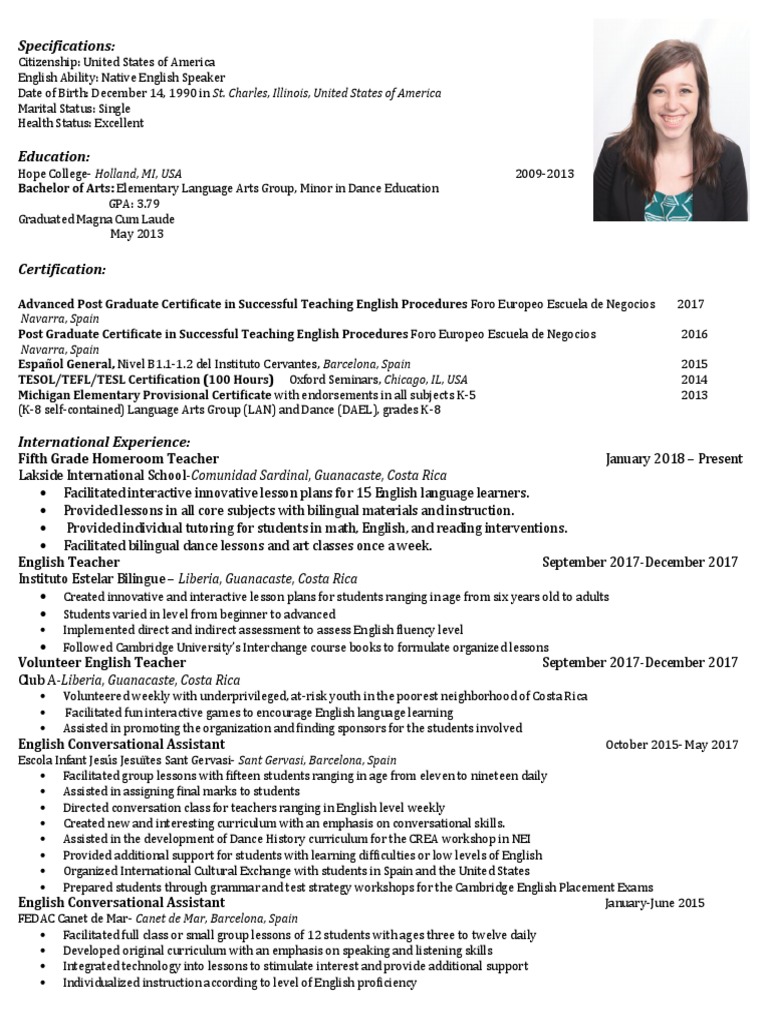 Updated International Teaching CV 2018 | PDF | English As A Second Or ...