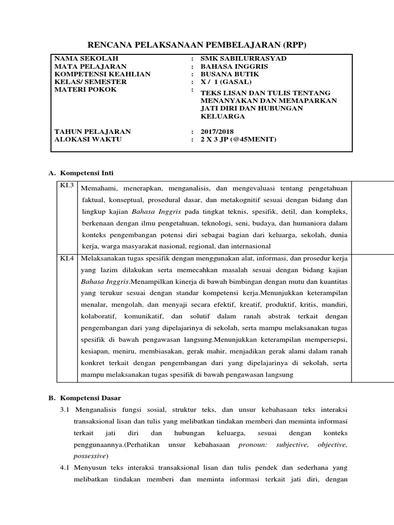 RPP Bahasa Inggris SMK Kelas X KD 3.1 | PDF | Karier & Perkembangan | Seni & Disiplin Bahasa