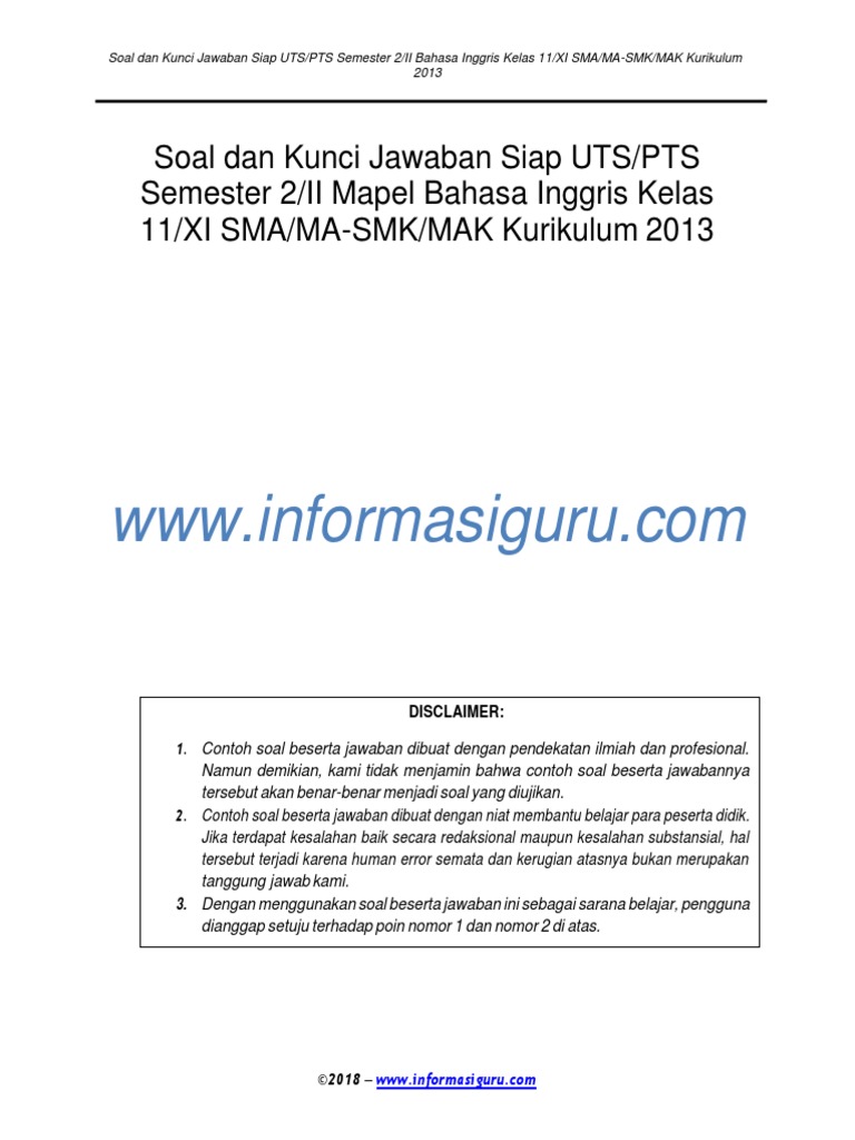 Soal Jawab Siap UTS-PTS II Bahasa Inggris Kelas 11 SMA-MA SMK-MAK | PDF
