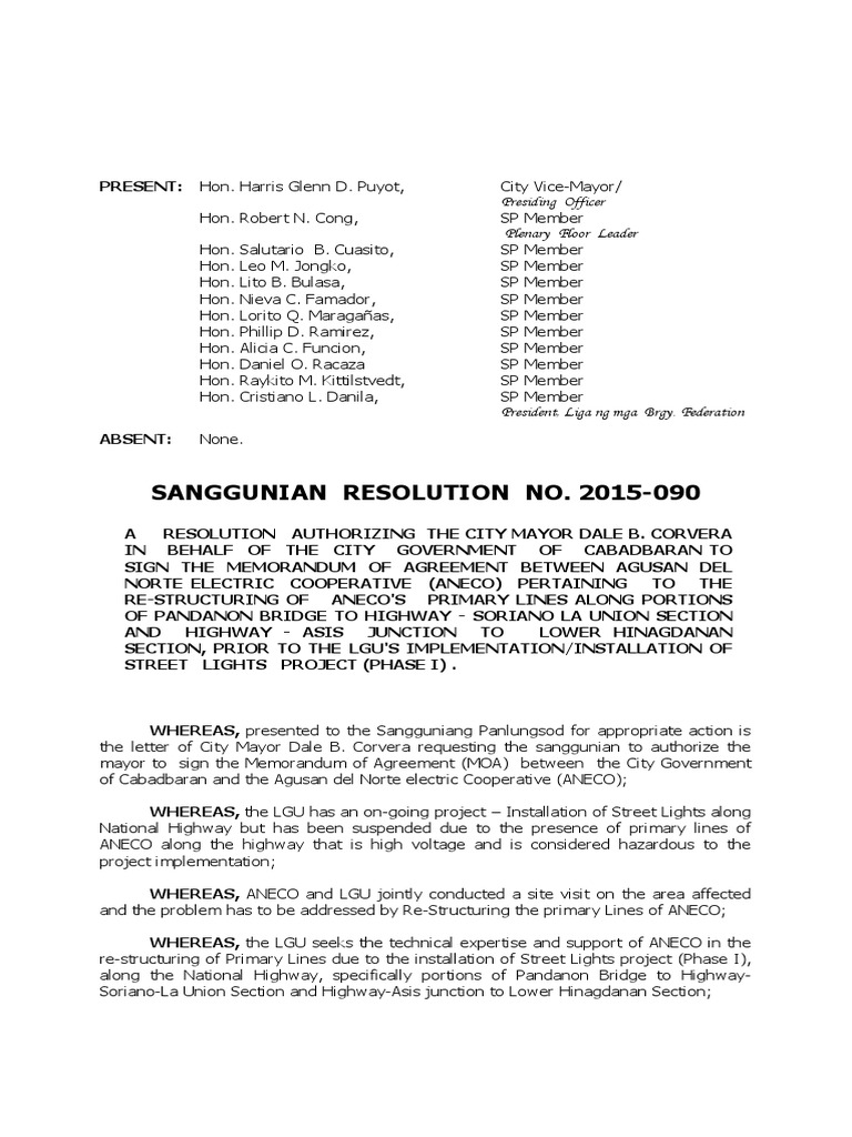 Cabadbaran Sanggunian Resolution No. 2015-090 | PDF | Government