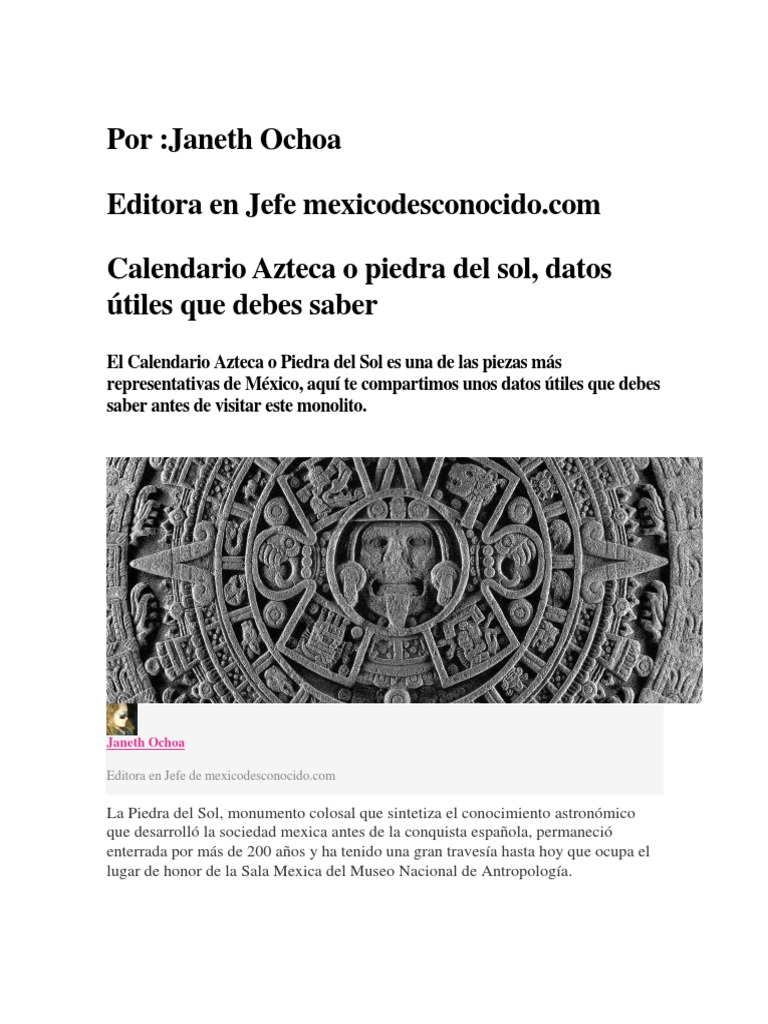 Calendario Azteca o Piedra Del Sol | PDF | azteca | Cultura de las Americas
