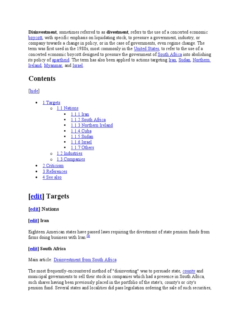 Disinvestment, Sometimes Referred To As Divestment, Refers To The Use ...