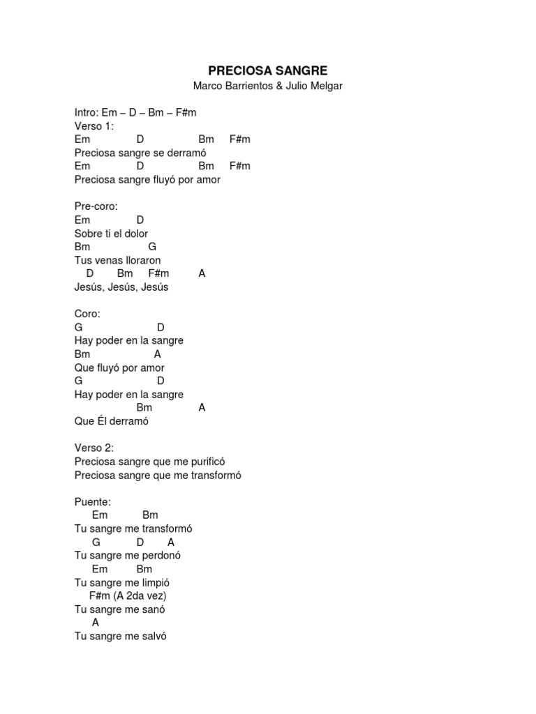 Preciosa Sangre Letra y Acordes (G) | PDF