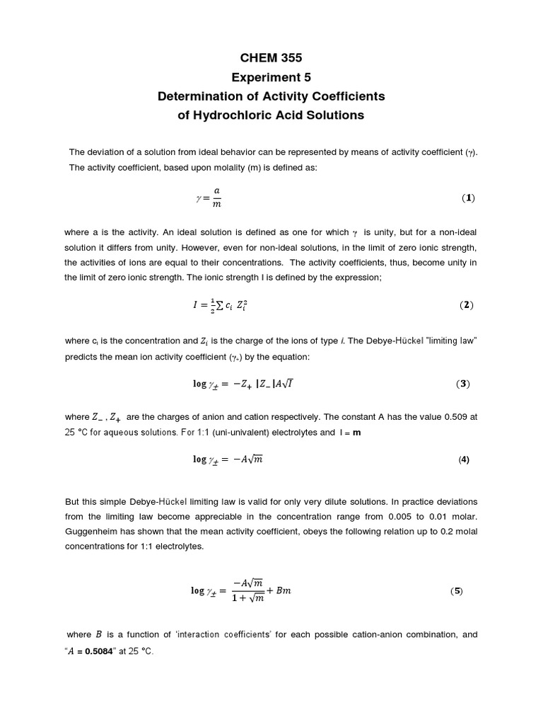 CHEM 355 Experiment 5 Determination of Activity Coefficients of ...
