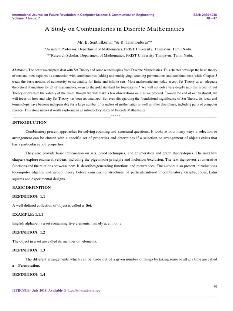 A Study On Combinatories in Discrete Mathematics: Mr. B. Senthilkumar & R. Thambidurai | PDF ...