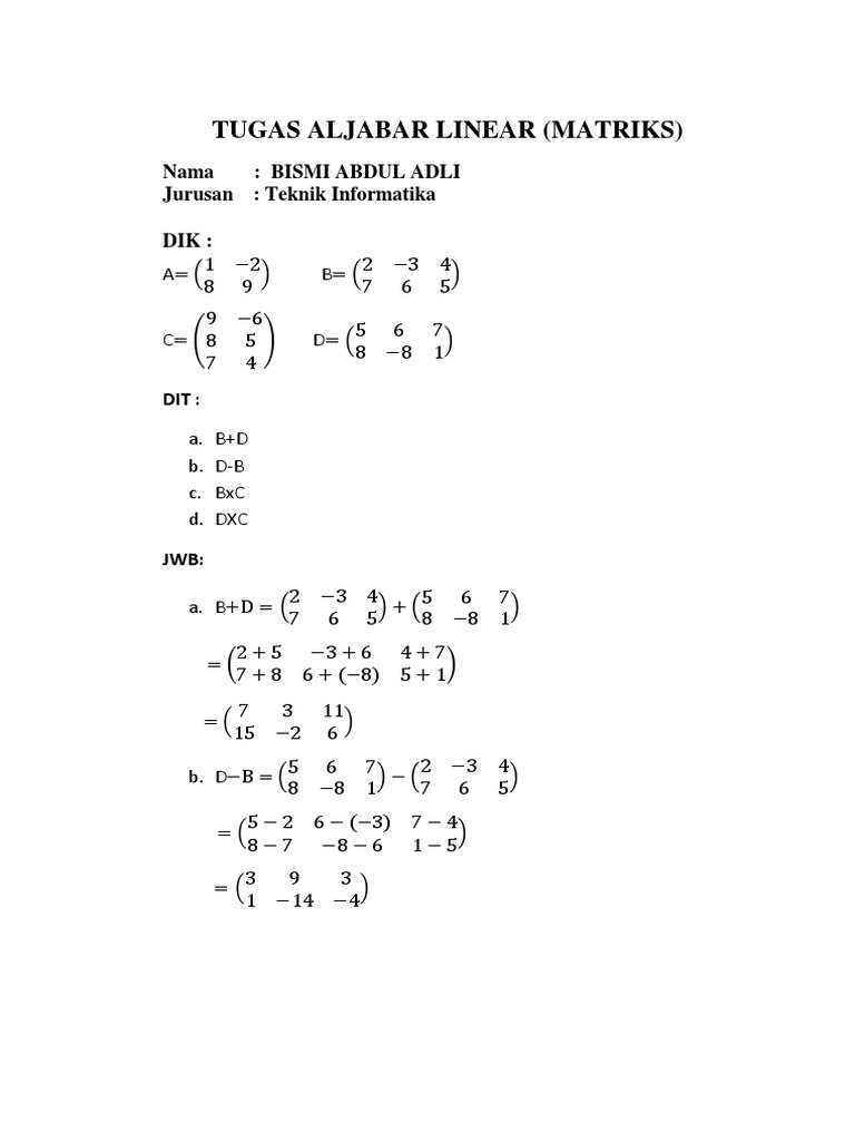 Tugas Aljabar Linear (Matriks) | PDF | Teaching Methods & Materials