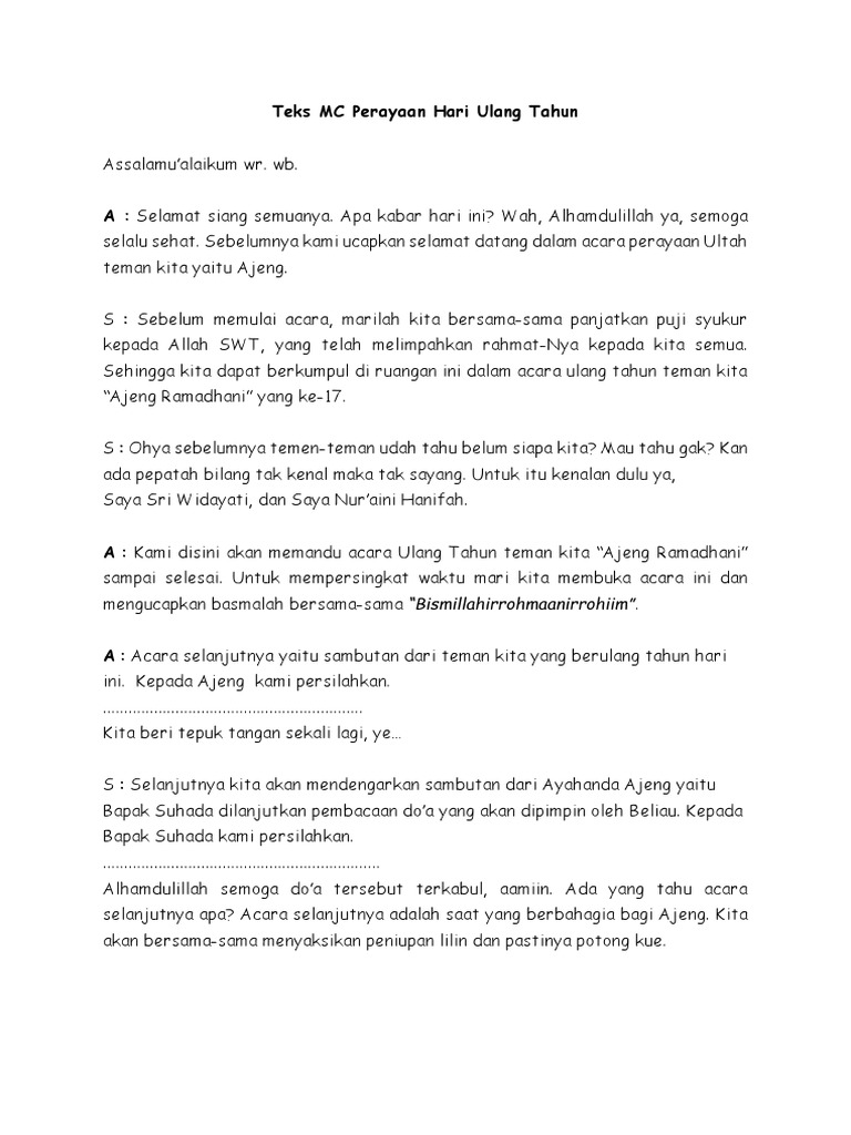 Teks MC Acara Ultah | PDF