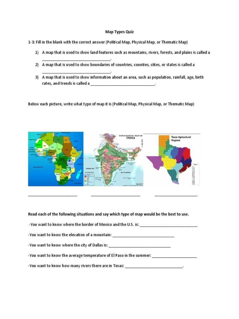 Types of Maps Quiz Worksheet | PDF
