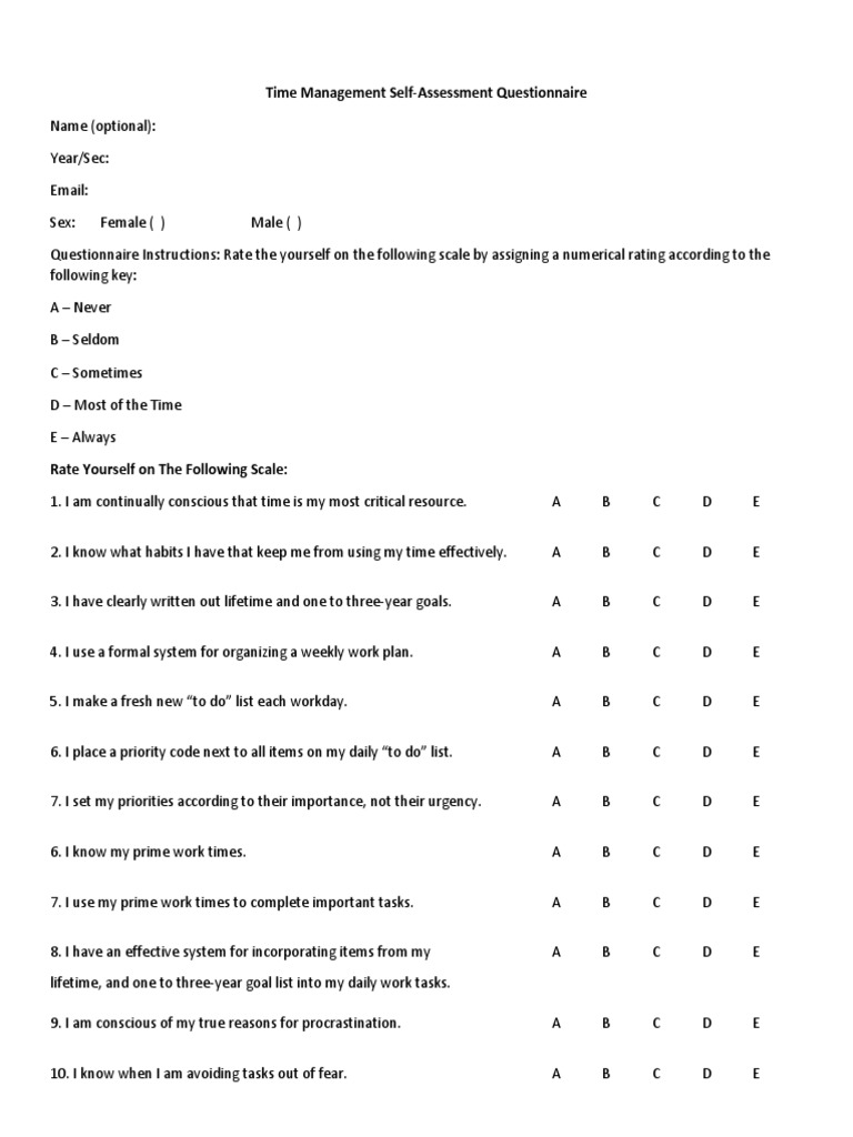 Time Management Questionnaire | Download Free PDF | Time Management ...