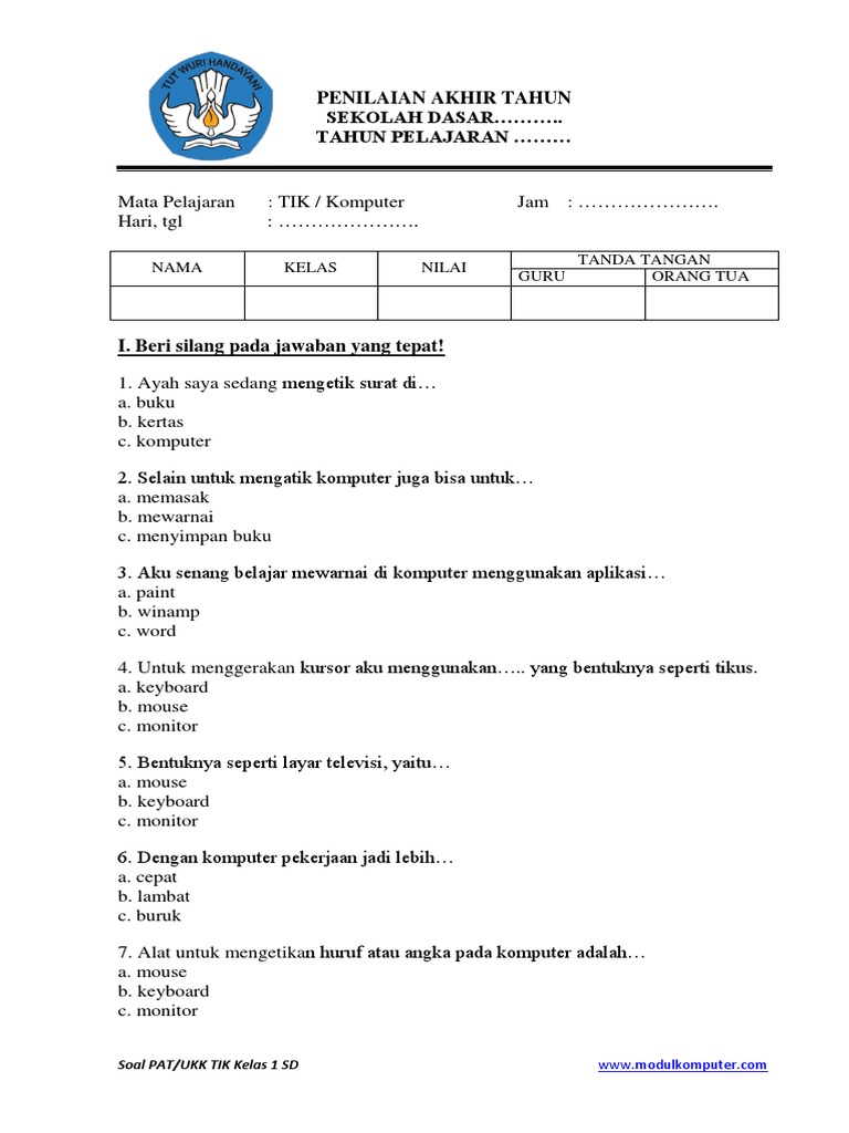 Soal PAT TIK Kelas 1 SD | PDF