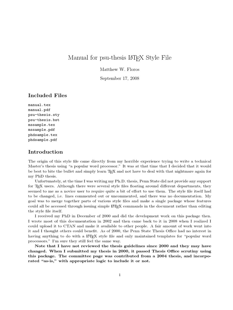 Manual For Psu-Thesis L TEX Style File: Included Files | Download Free ...