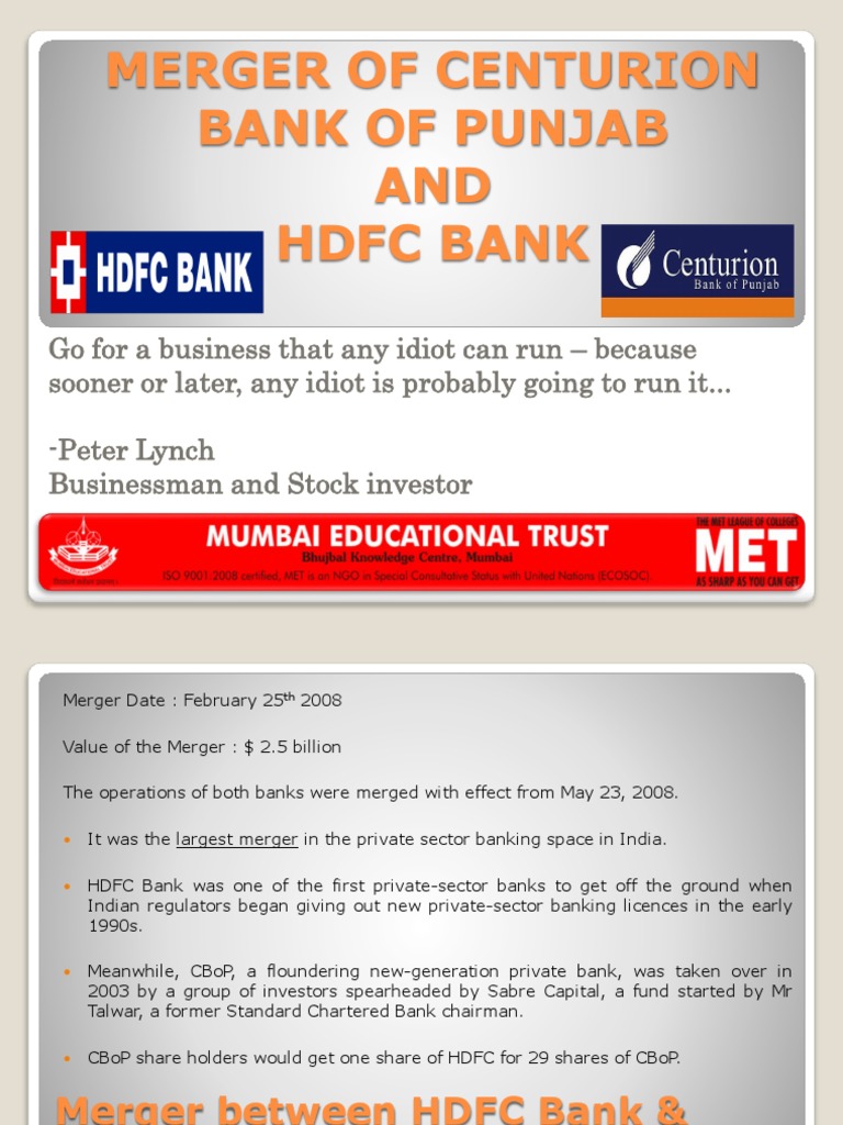 Merger of Centurion Bank of Punjab & HDFC | PDF | Mergers And ...