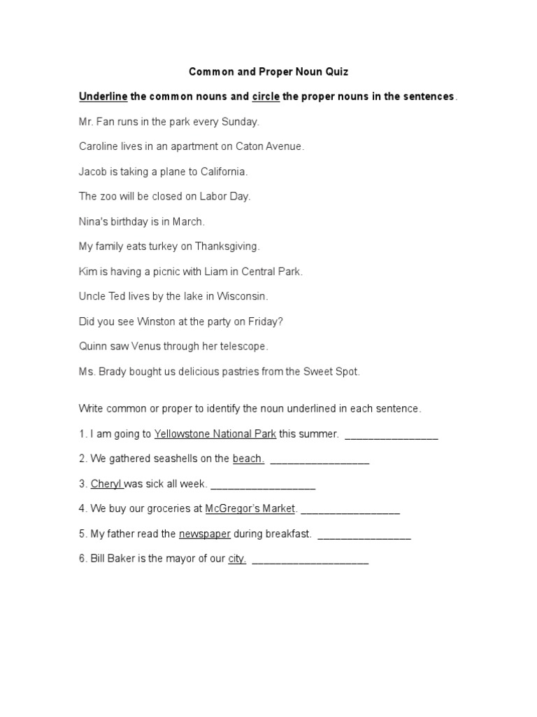 Common and Proper Noun Quiz | PDF