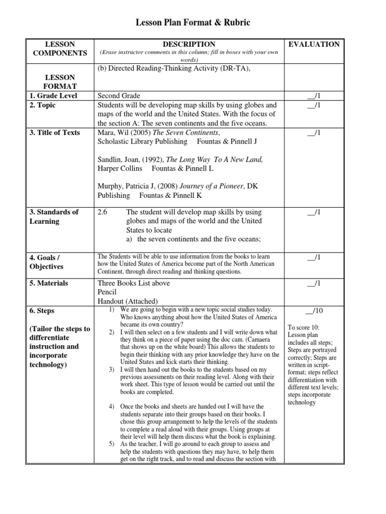 Lesson Plan Format & Rubric: Lesson Components Description Evaluation ...