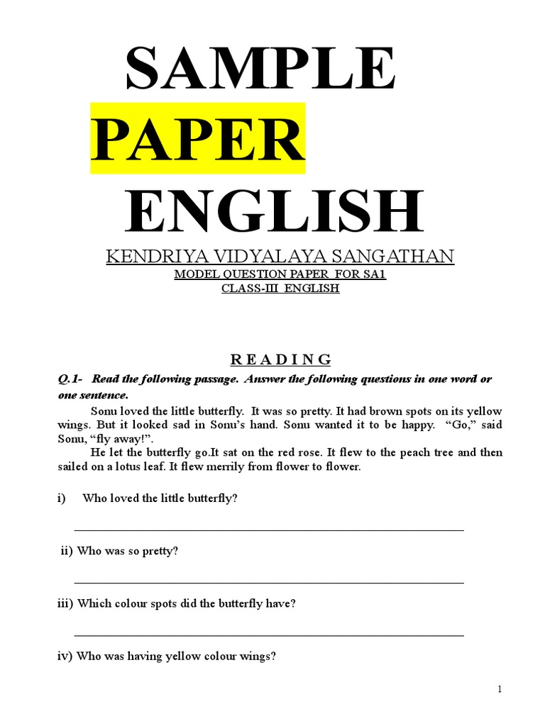 Sample Paper English: Kendriya Vidyalaya Sangathan | PDF