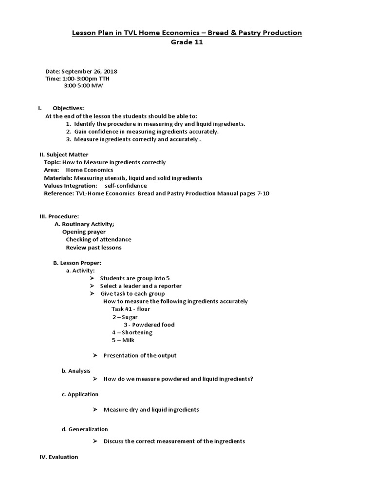 Lesson Plan in TVL Home Economics - Bread & Pastry Production Grade 11 ...
