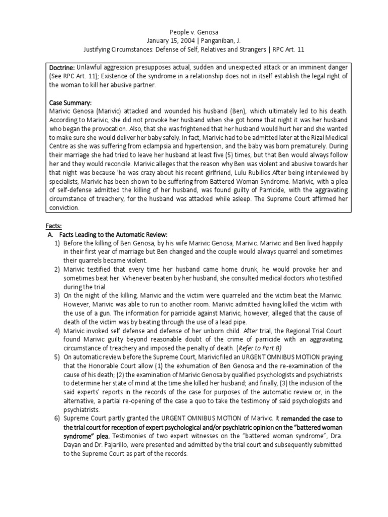 People V Genosa - Case Digest (Justifying Circumstances - Defense of ...